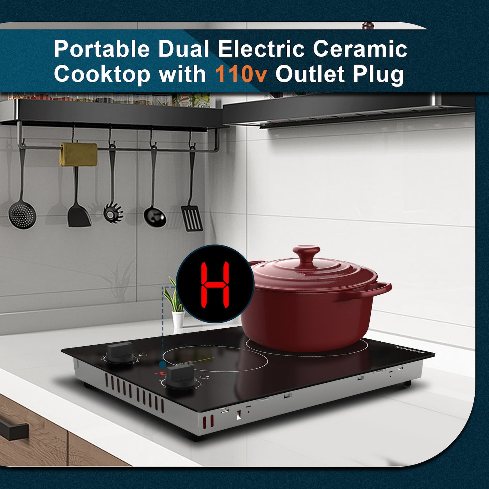 Karinear 12 inch 2 burners Plug in Knob Control Electric Ceramic Cooktop