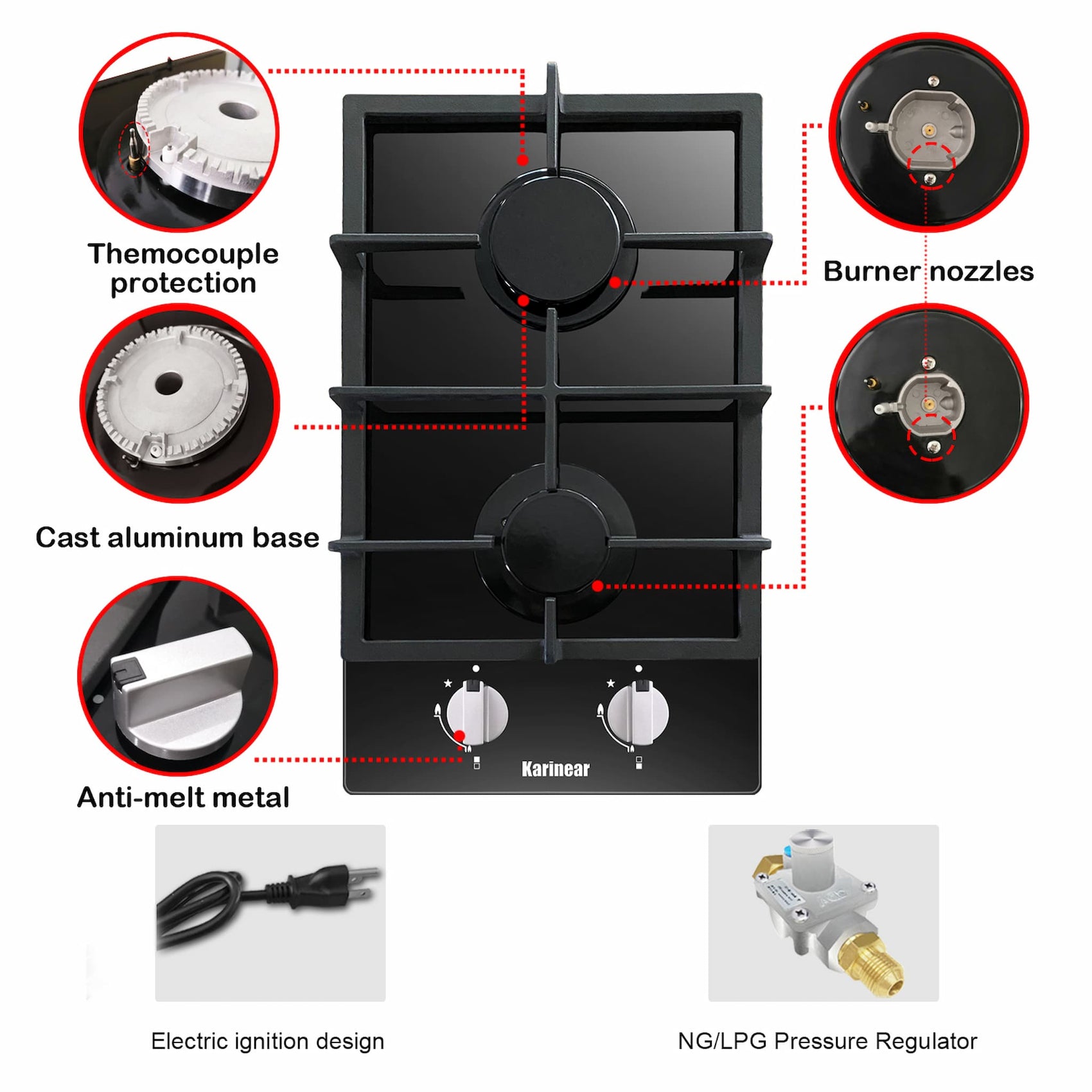 karinear 12 Inch 2 Burners Built-in LPG/NG Tempered Glass Gas Cooktop