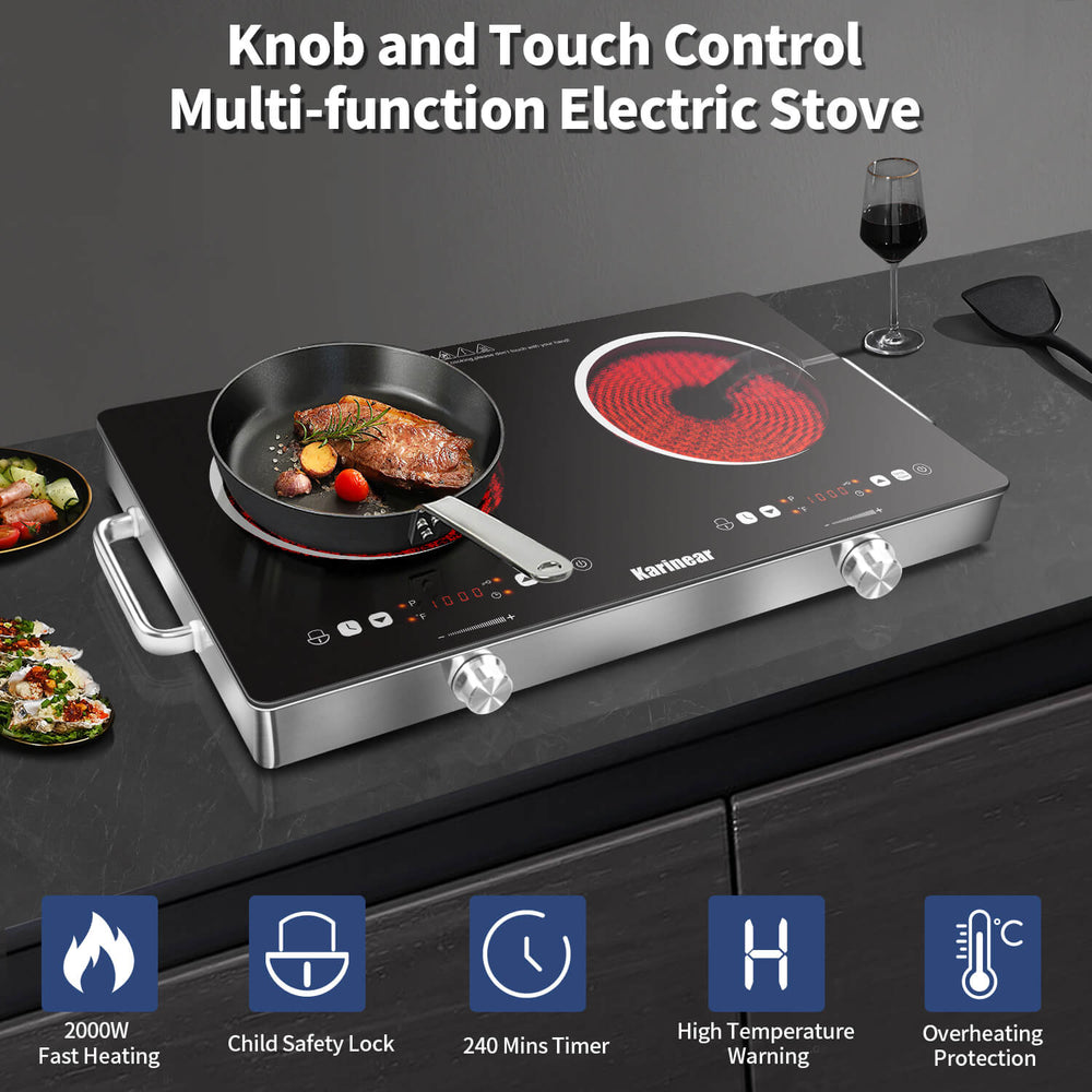 Karinear 24 Inch 2 Burner Electric Cooktop With Handle Knob Control