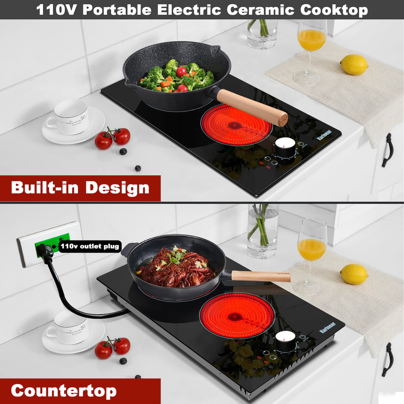Karinear 12 Inch 2 Burners Plug in Portable Electric Ceramic Cooktop