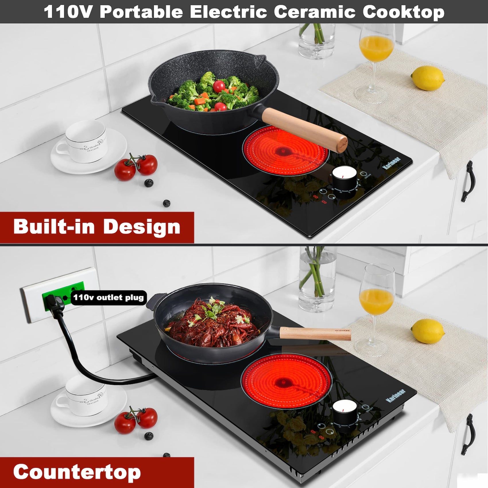 Karinear 12 Inch 2 Burners Plug in Portable Electric Ceramic Cooktop