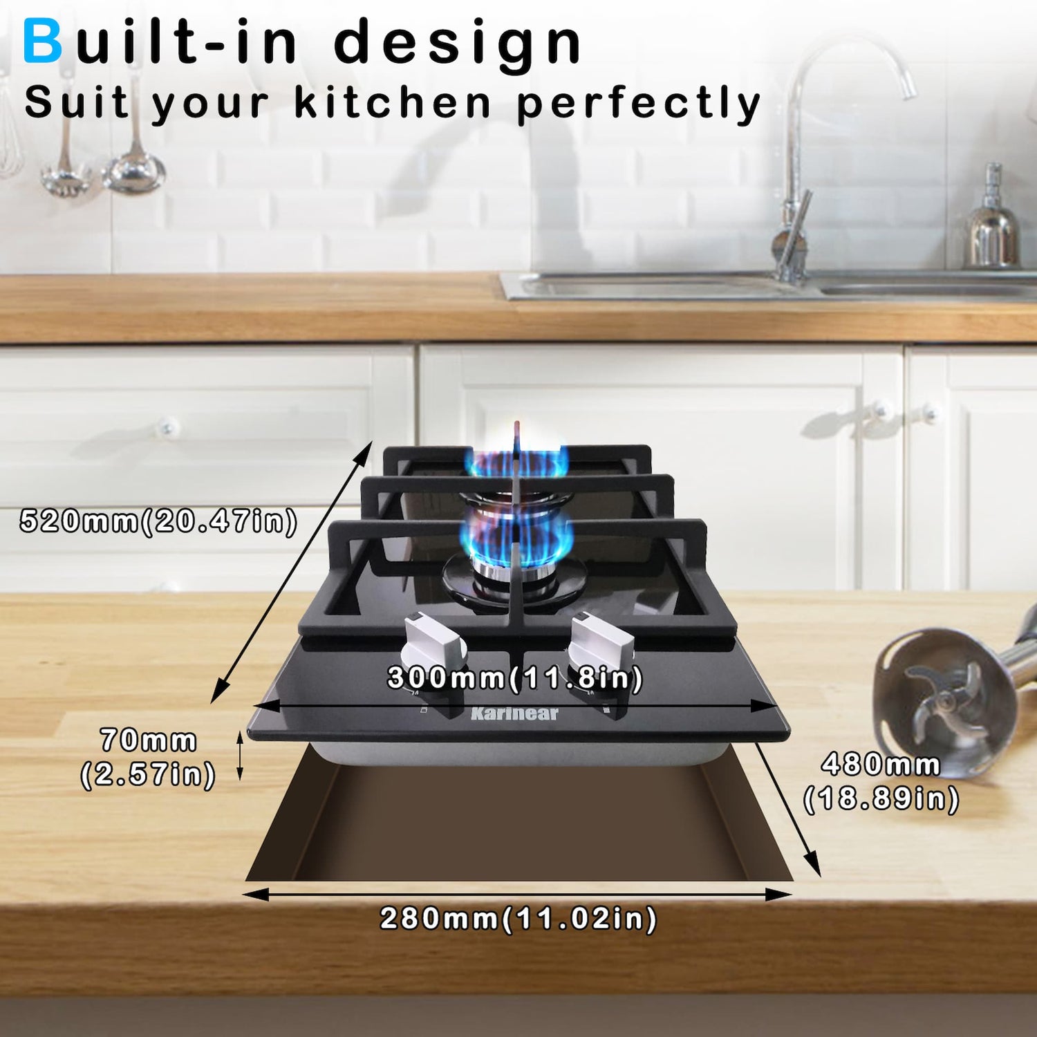 karinear 12 Inch 2 Burner Built-in LPG/NG Tempered Glass Gas Cooktop