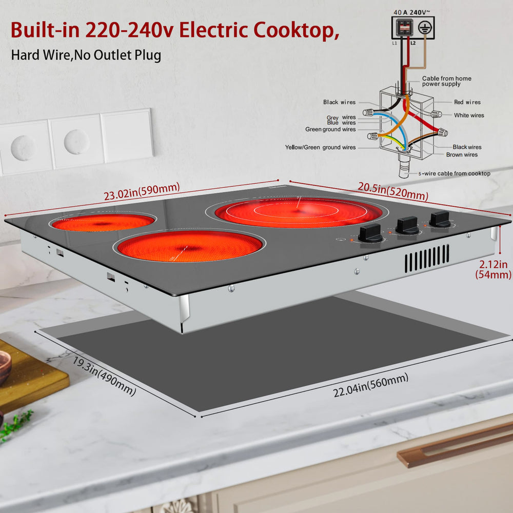 Karinear 24 Inch 3 Burners Built-in Electric Ceramic Cooktop-Knob Control
