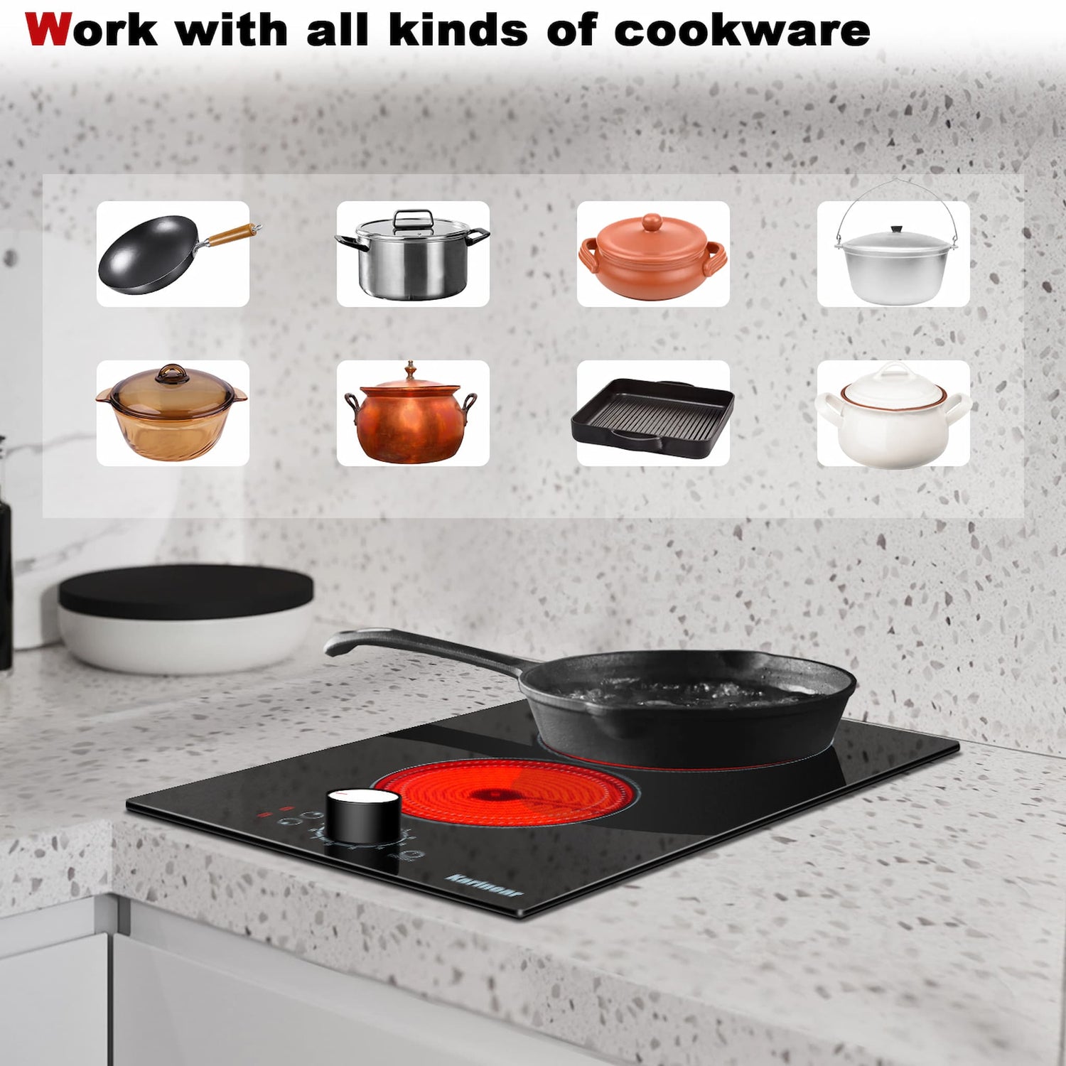 Karinear 12 Inch 2 Burners Plug in Portable Electric Ceramic Cooktop