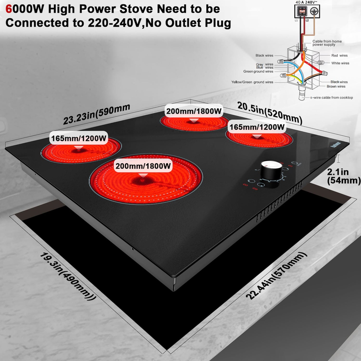 Karinear 24 Inch 4 Burners Built-in Electric Ceramic Cooktop-Knob Control