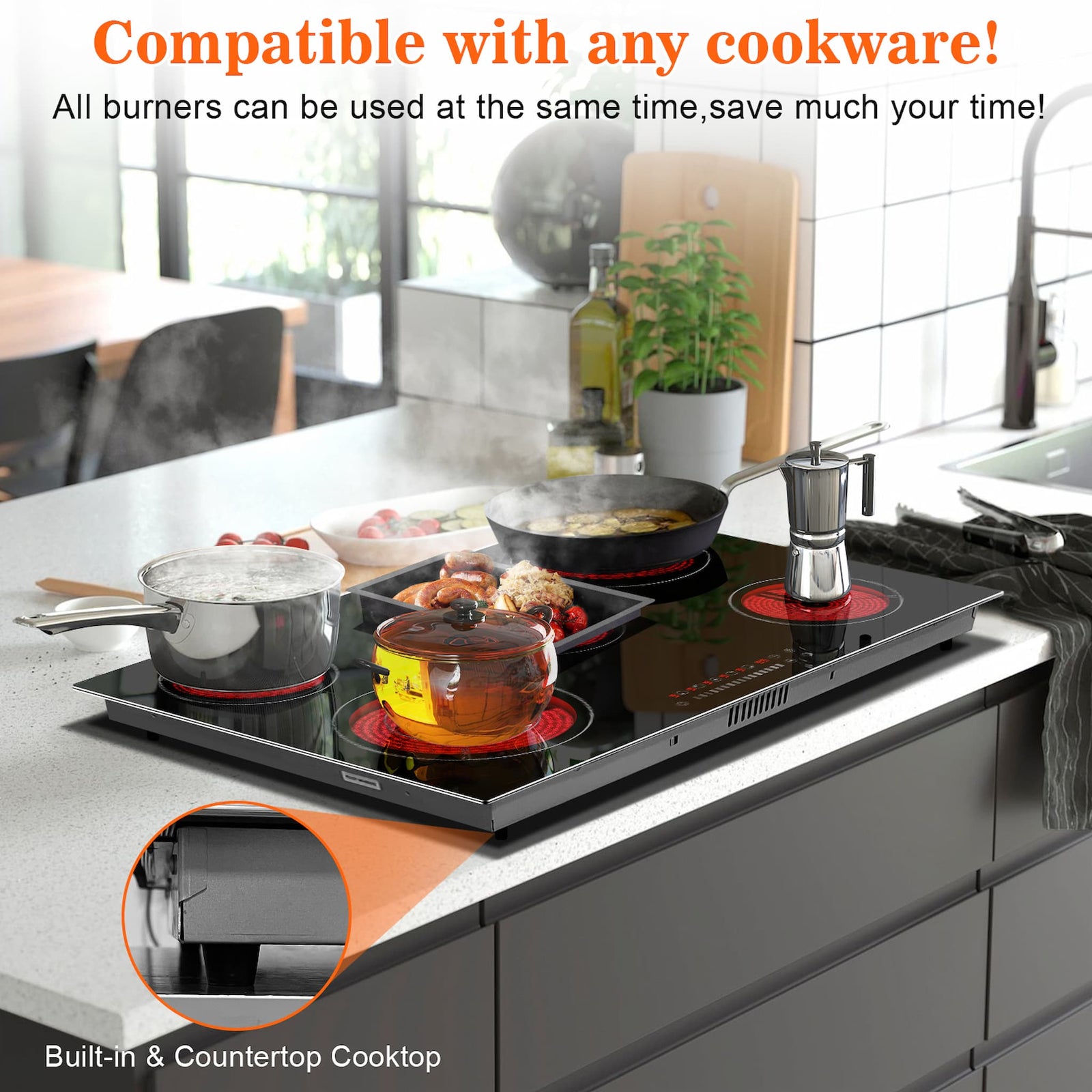 Karinear 30 Inch 5 Burner Electric Countertop & Built-in Ceramic Cooktop