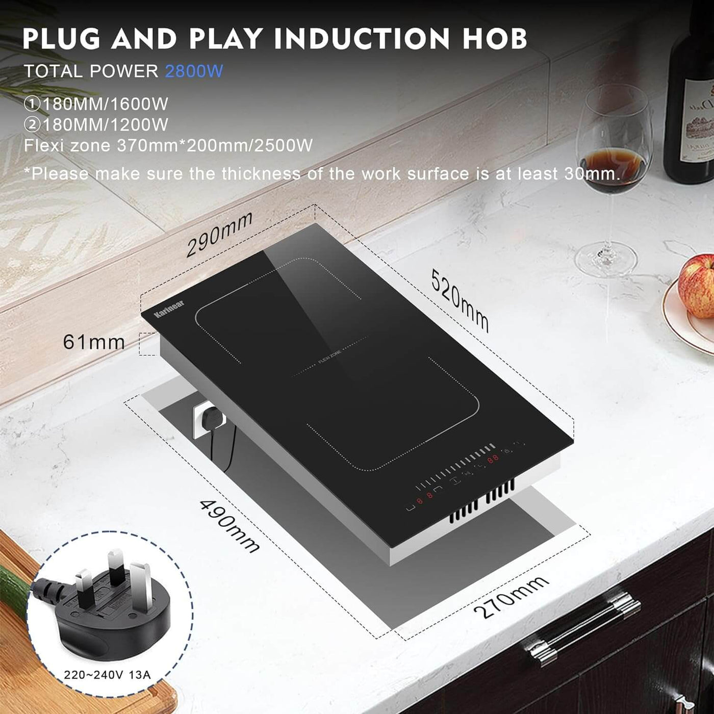 Karinear 12 Inch 2 Burners Plug-in Induction Hob with Flex Zone
