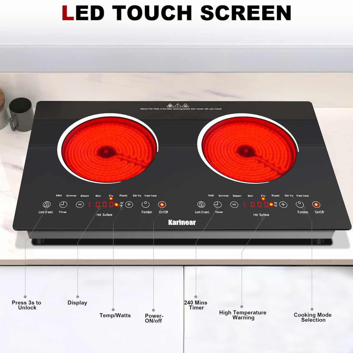 Karinear 24 Inch 2 Burners Electric Ceramic Cooktop-Sensor Touch Control