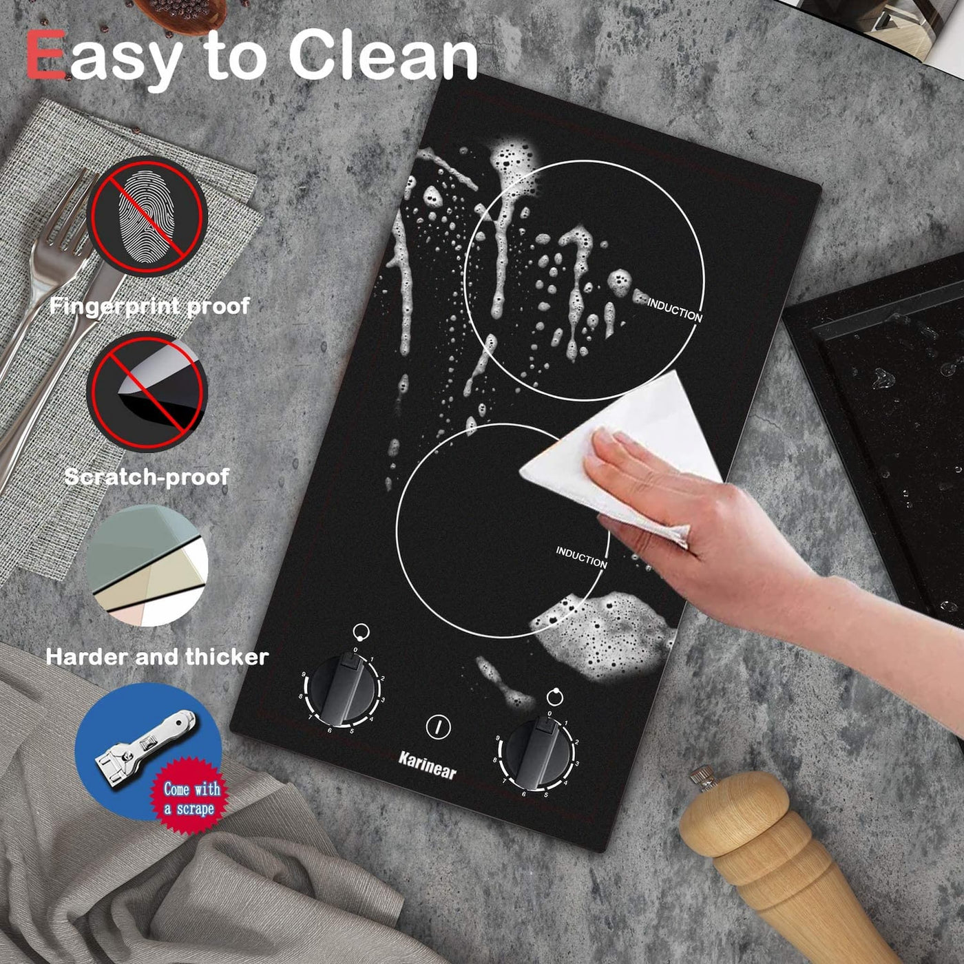 Karinear 12 Inch 2 burner electric cooktop with Knob Control